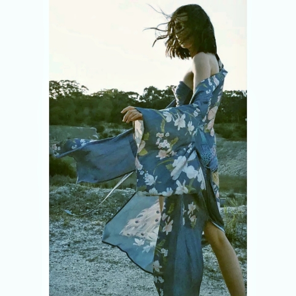 Dresses | New Vintage Floral Print Peacock Kimono Maxi Duster Jacket ...